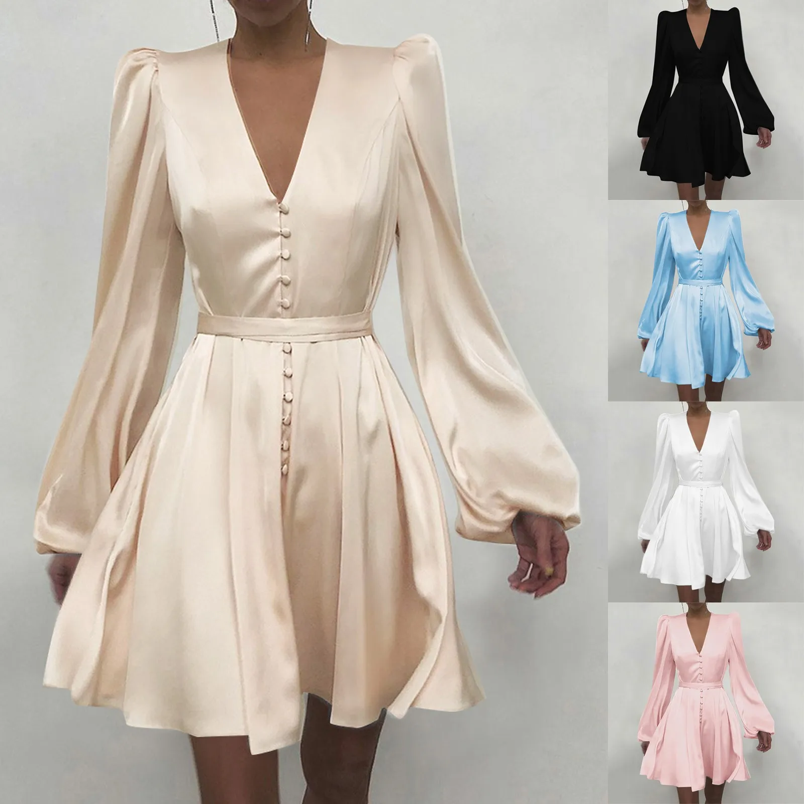 Elegant-Chic-Stain-Dress-Long-Sleeve-V-Neck-Vestidos-Women-Outfits-A ...