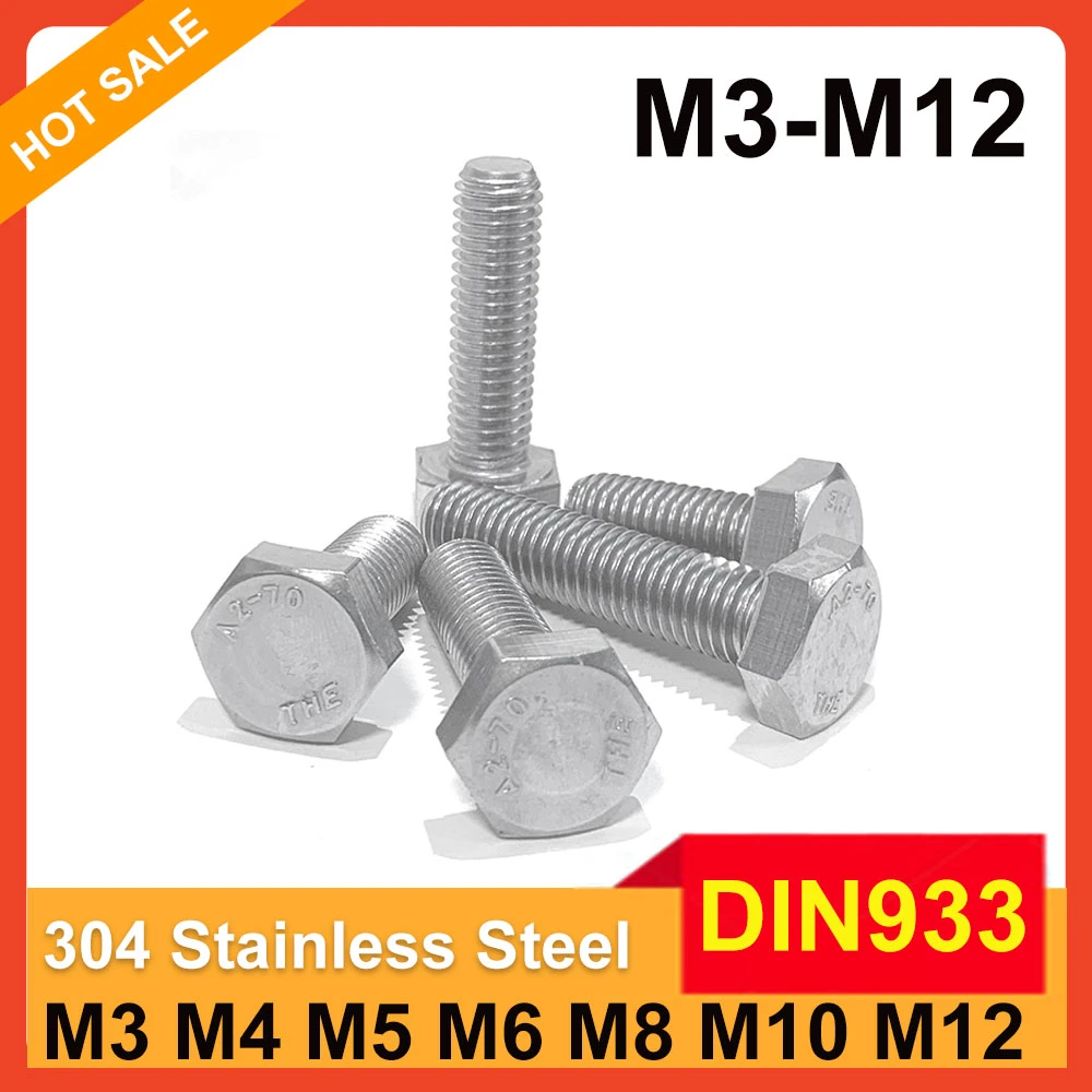 High Quality M3 M4 M5 M6 M8 M10 M12 DIN933 304 A2 70 Stainless Steel With Full Thread External ...
