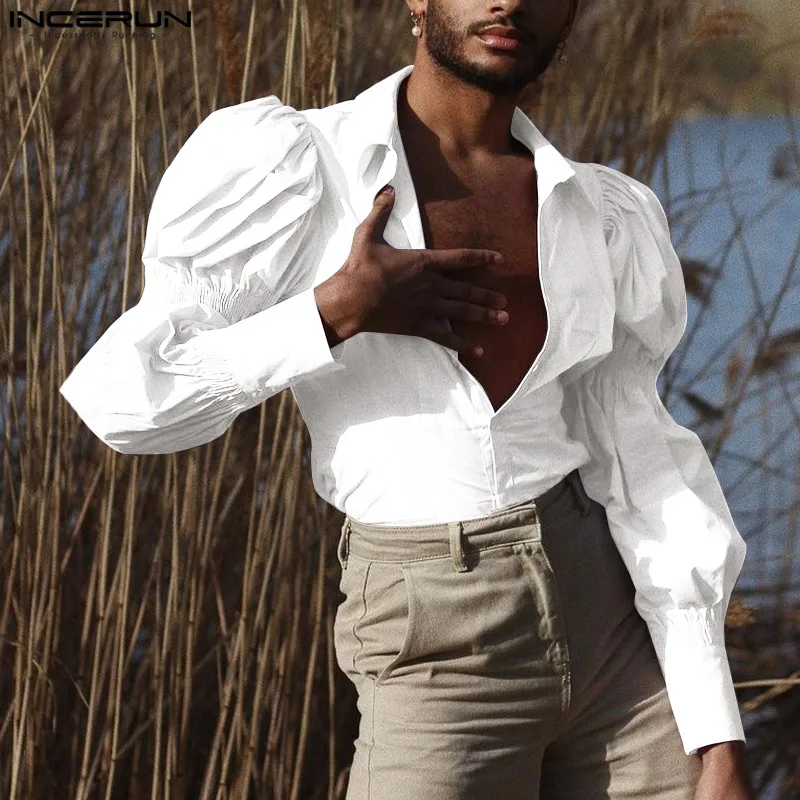 INCERUN-Tops-2024-American-Style-New-Men-Solid-Puff-Sleeve-Shape-Blouse ...