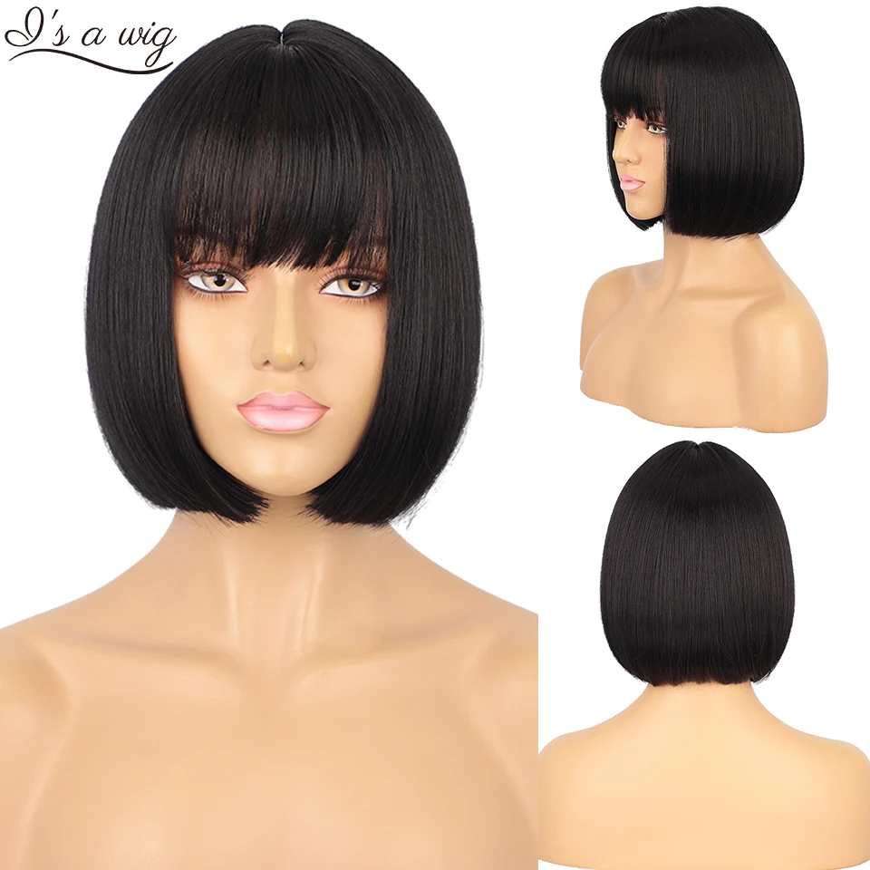 Short-Bob-Wig-with-Bangs-Synthetic-Wigs-Black-wigs-for-Women-Ombre ...