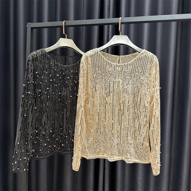 Luxury-Women-Crystal-Sequins-Embroidery-Top-Heavy-Beads-Shirts-Sexy ...