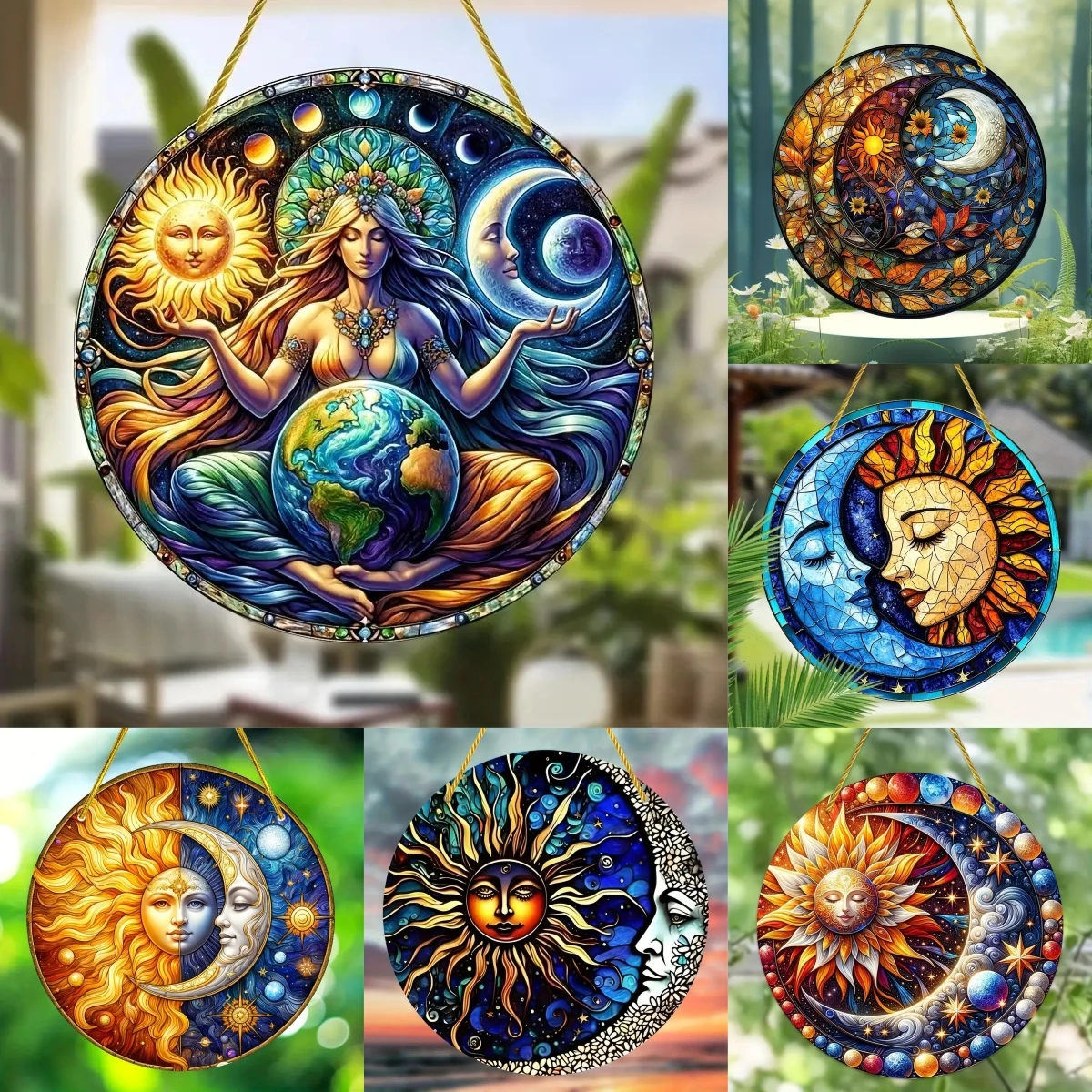Sun Moon & Earth Sun Catcher -Round Acrylic Stained Art Translucent ...