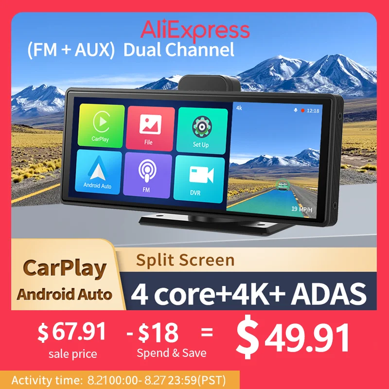 10.26" Wireless CarPlay & Android Auto Dash Cam ADAS Touch Screen 4K DVRs GPS Navigation ...