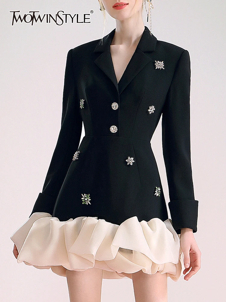 TWOTWINSTYLE-Colorblock-Patchwork-Diamonds-Elegant-Dresses-For-Women-V ...