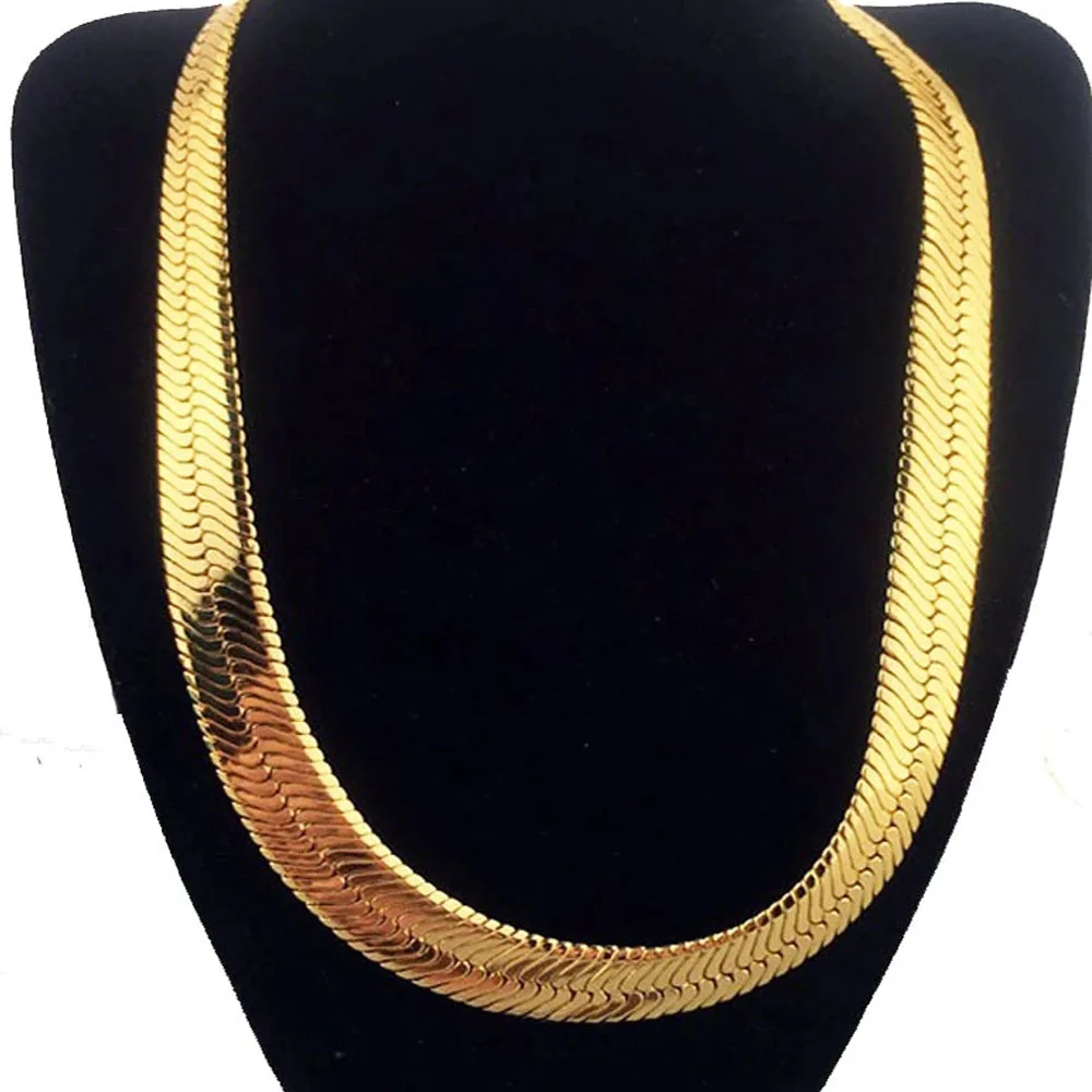 10MM-Men-s-Snake-Long-Chain-Necklace-Gold-Plated-Flat-Herringbone ...