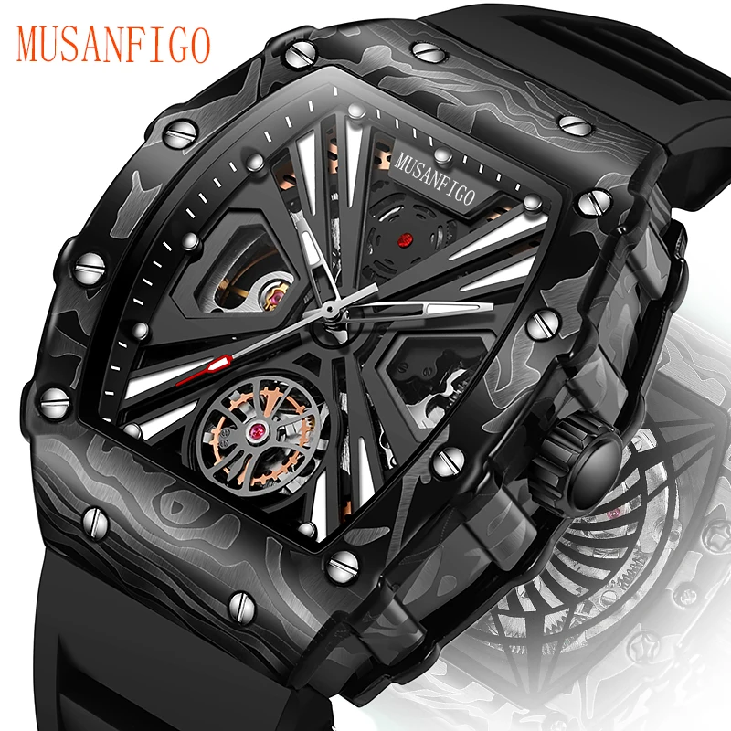 MUSANFIGO hollowed out men's fully automatic mechanical watch silicone ...