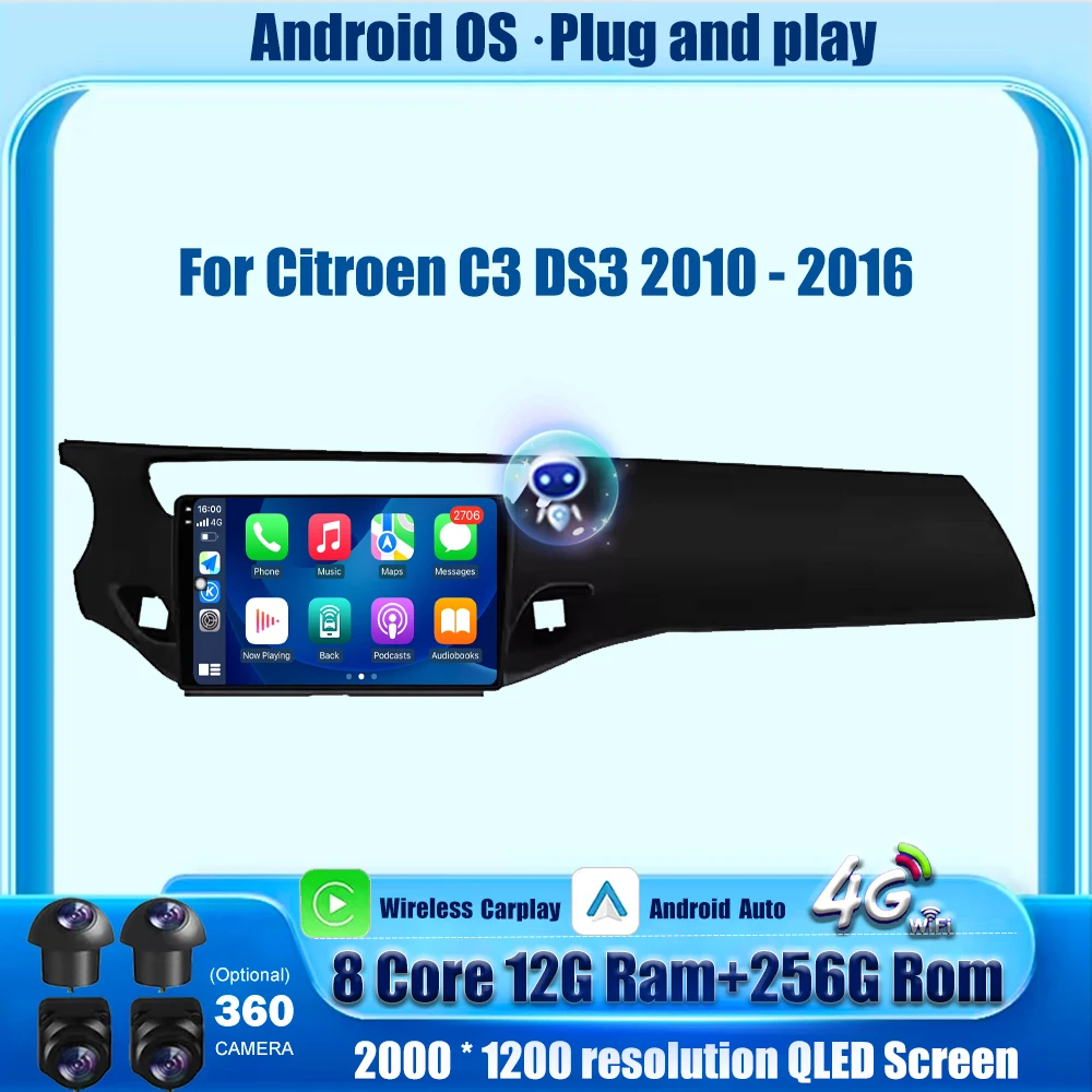 Android 16 Auto 4G WIFI Wireless Carplay FM For Citroen C3 DS3 2010 ...