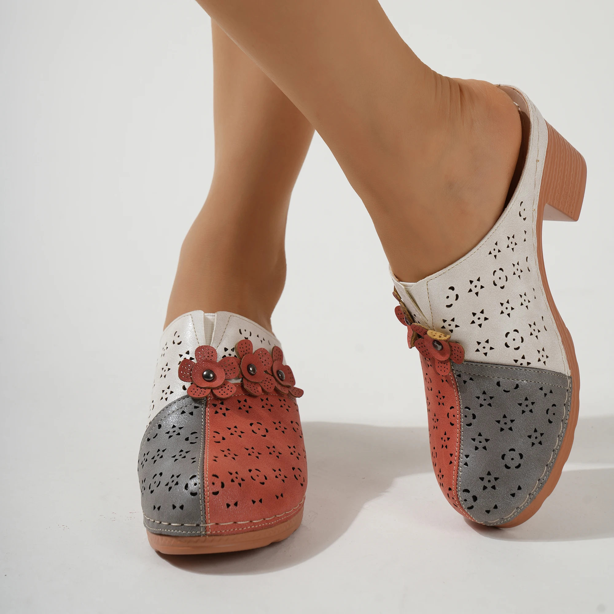 Women-s-Colorblock-Chunky-Heeled-Mules-Flowers-Decor-Perforated-Closed ...