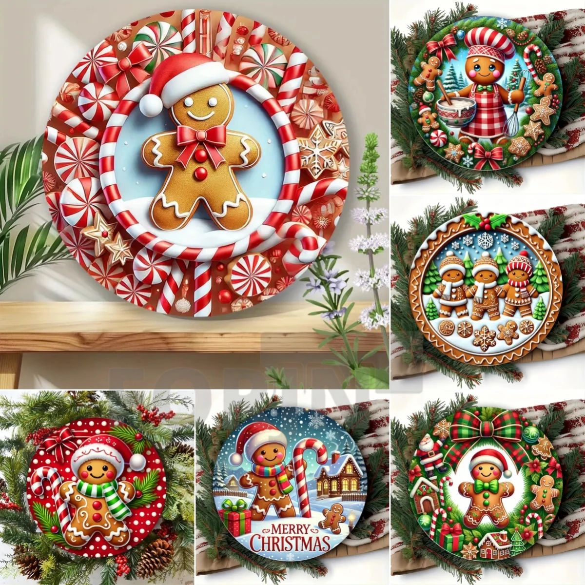 Christmas Round Metal Sign,Gingerbread Man Theme Holiday Wreath Plate ...