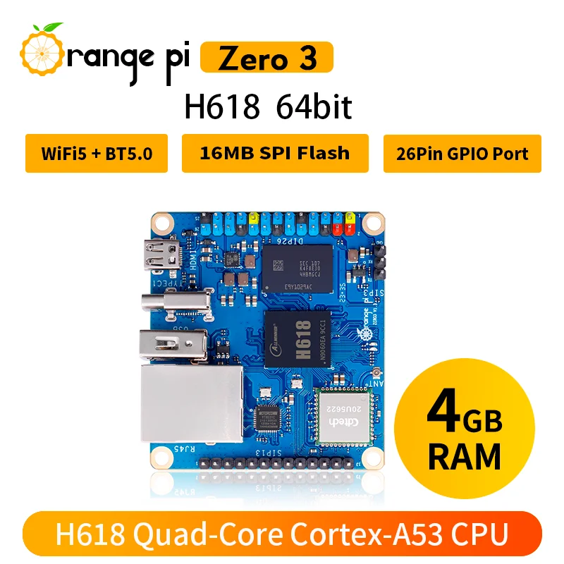 Orange Pi Zero3 4G RAM Allwinner H618 64 bit USB2.0 WiFi5 + BT 5.0 ...