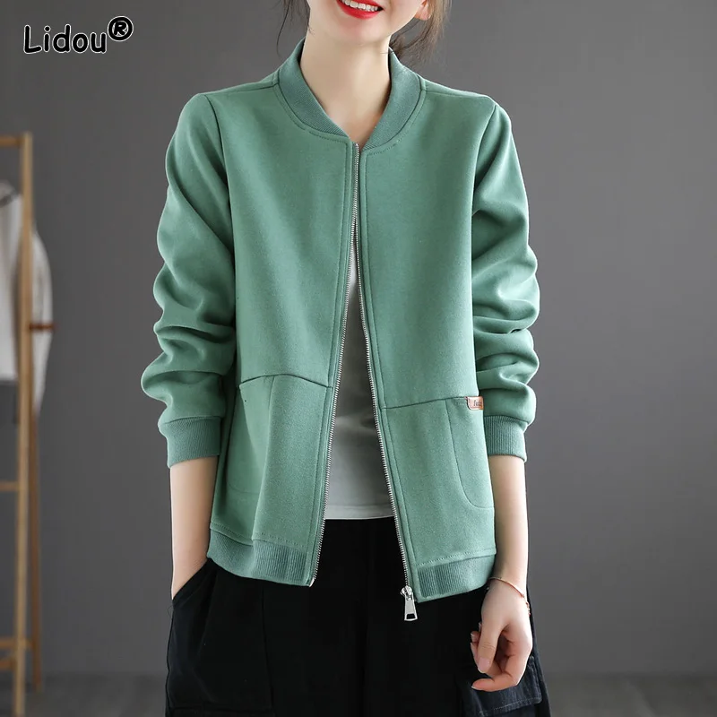 Zippers-Pockets-Round-Neck-Solid-Jackets-Autumn-Winter-Neutral-Office ...