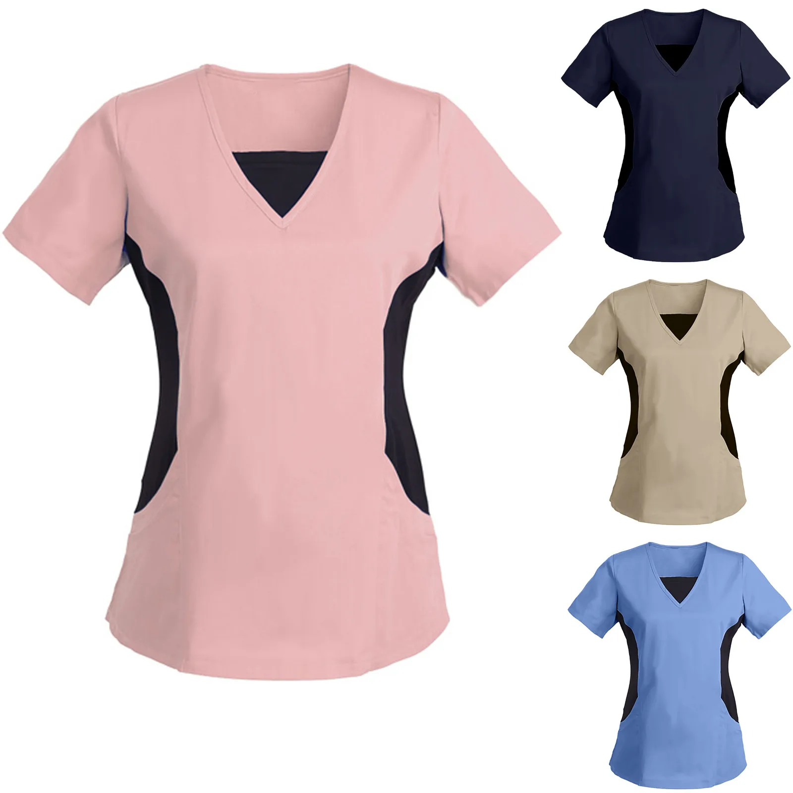 Solid-Workwear-Uniform-Women-Scrubs-Tops-Short-Sleeve-Girl-Outfit ...