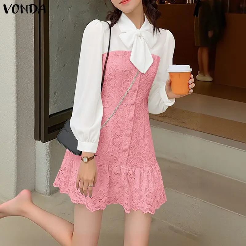 2026 VONDA Women Mini Dresses Sexy Mesh See-through Short Sundress Long ...