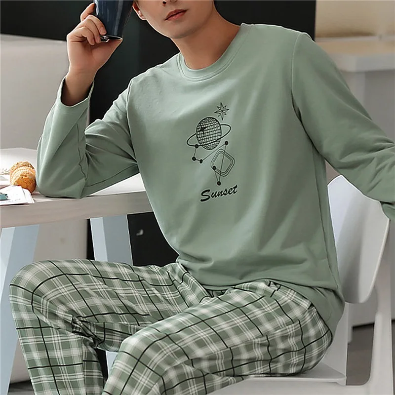 Homens pijamas listrado algodão conjuntos de pijama para homem manga ...