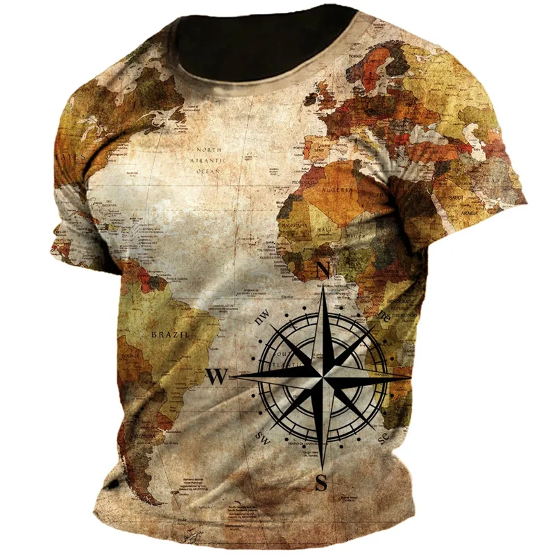 Vintage Nautical Map Compass Printing T Shirts Summer Daily Men Loose ...