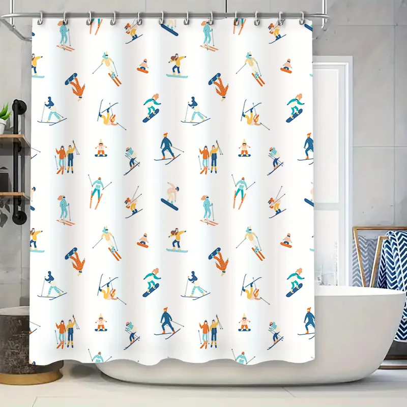 White Shower Curtain with Colorful Skiing Design Perfect for Bathrooms ...