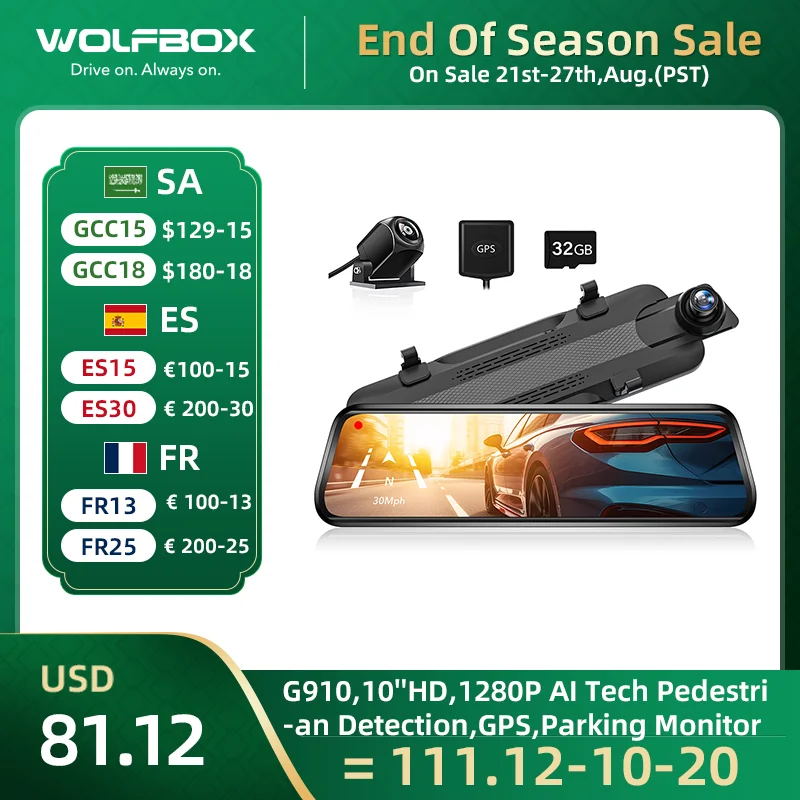 WOLFBOX G910 Dash Camera Front and Rear Dash Cam AI Motion Detection ...