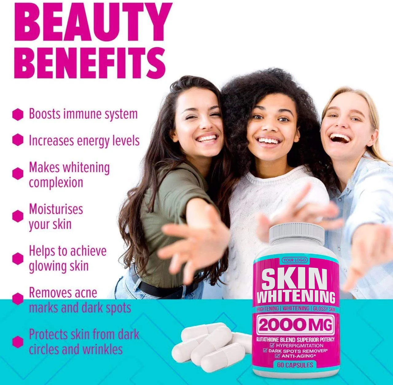 60 Pills Whitening Capsules Glutathione Skin Beauty Natural Skin Facial ...