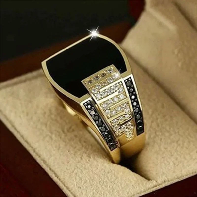 Classic-Men-s-Ring-Fashion-Metal-Gold-Color-Inlaid-Black-Stone-Zircon ...