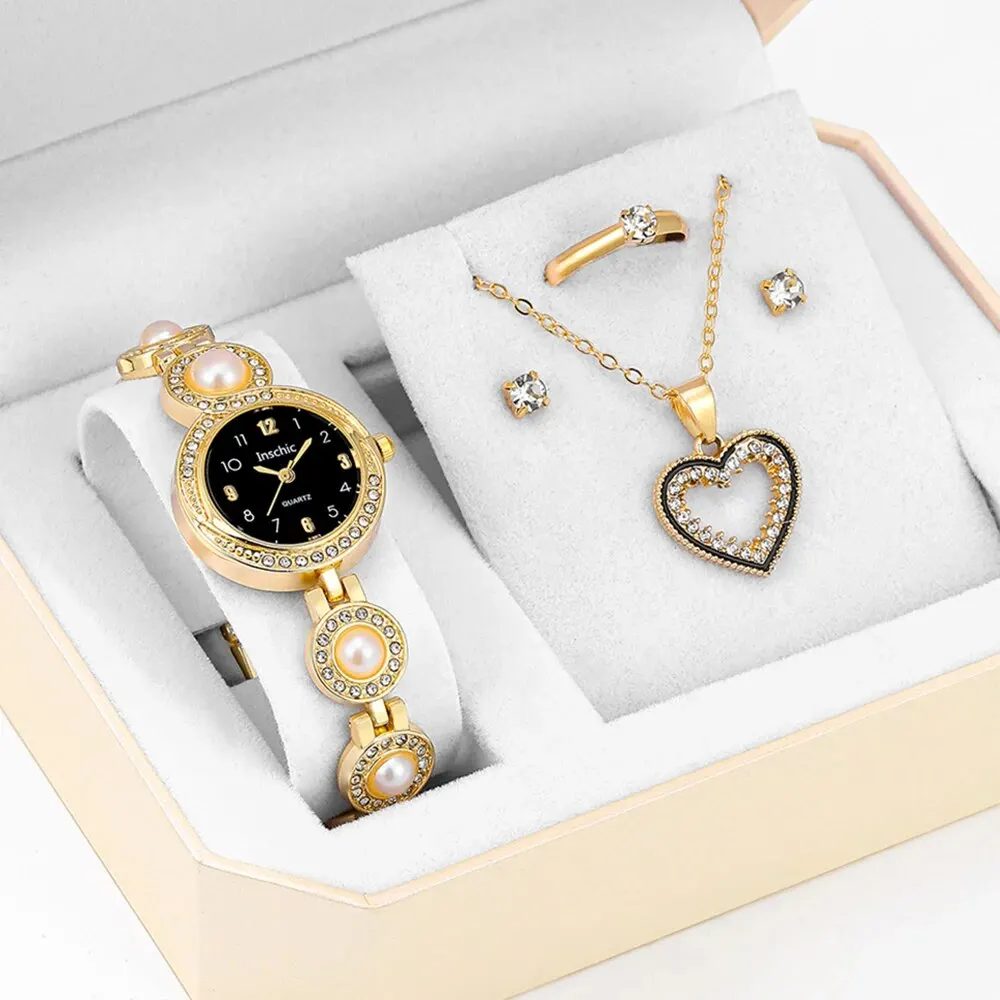 5PCS-Set-Luxury-Watch-Women-Heart-Necklace-Earrings-Ring-Rhinestone ...
