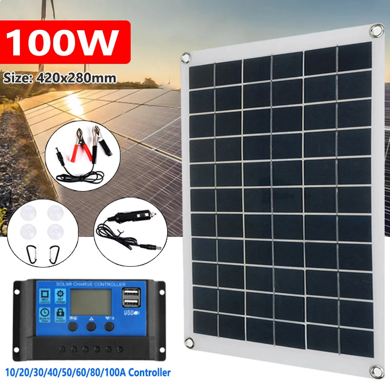 100W Solar Panel Kit 12V Battery Charger Dual USB With 60A 100A ...