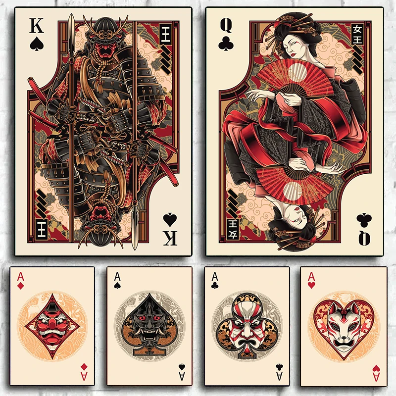 Vintage Japanese Ukiyoe Style Ace Hearts King Poker Card Poster Print ...