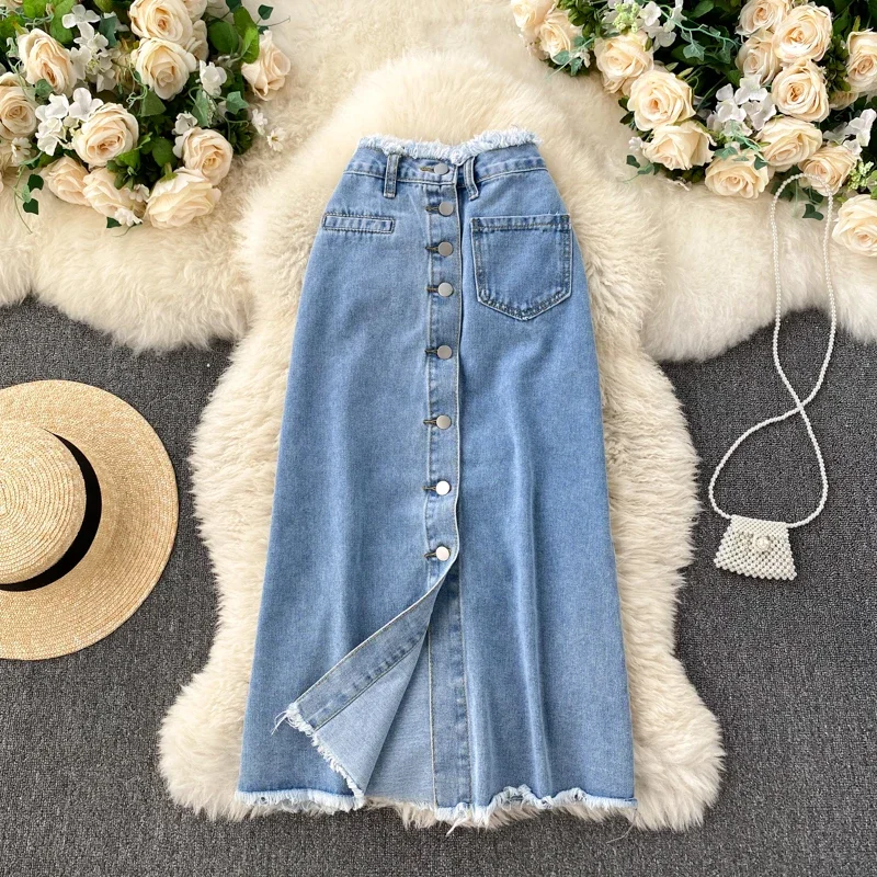Korean Chic Denim Skirts High Waist Single Breasted Jupe A-line Mujer Faldas Blue Long Skirt ...