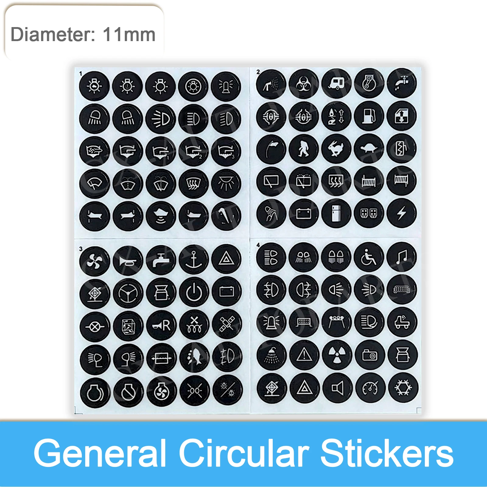 100 Icons Round Push Button 11mm Decal Label Sticker Kit Waterproof for ...