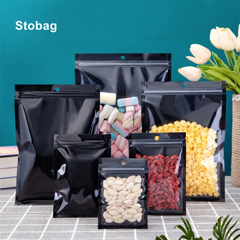 StoBag-100pcs-Black-Food-Packaging-Ziplock-Bag-Aluminum-Foil-Hang-Hole-Sealed-Storage-for-Tea ...