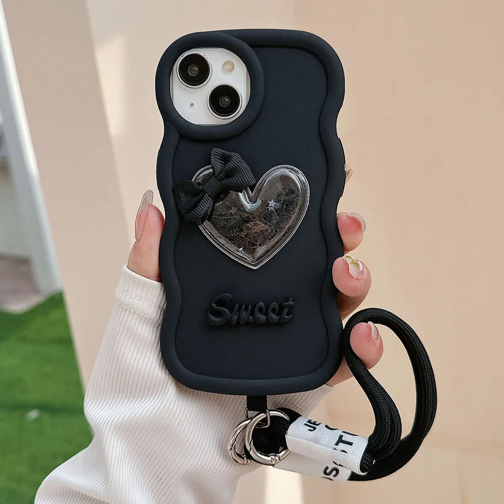 3D Quicksand Love Heart Soft Phone Case with Wrist Strap for OPPO A77 ...