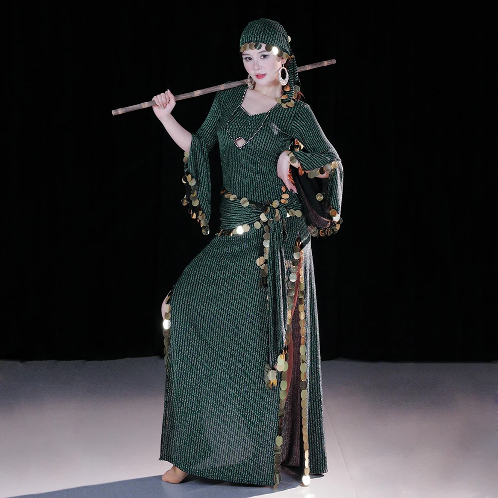 Traje de dança do ventre feminino baladi vestido chifre mangas listra ...