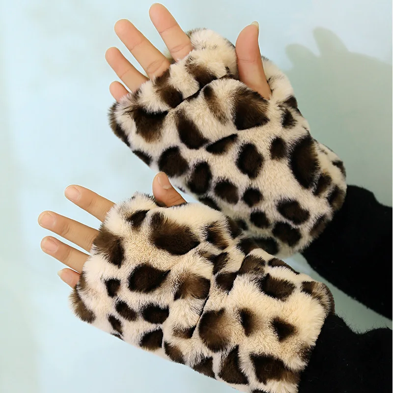 Winter Leopard Print Half-Finger Gloves Plush Warm Gloves Outdoor ...