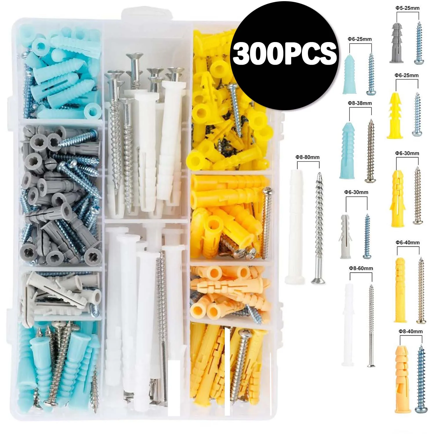 300PCS Drywall Anchors and Screws Assortment Kit , Plastic Wall Anchors ...
