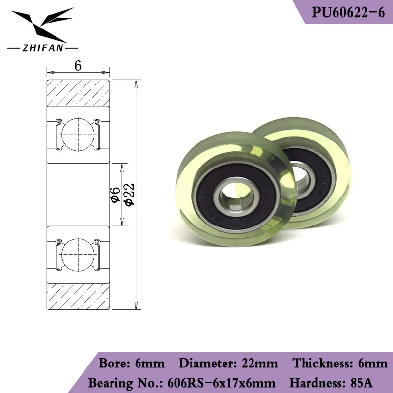 1pcs-6x22x6-PU-Coated-Rollers-with-606-Bearing-PU60622-6-OD-22mm ...