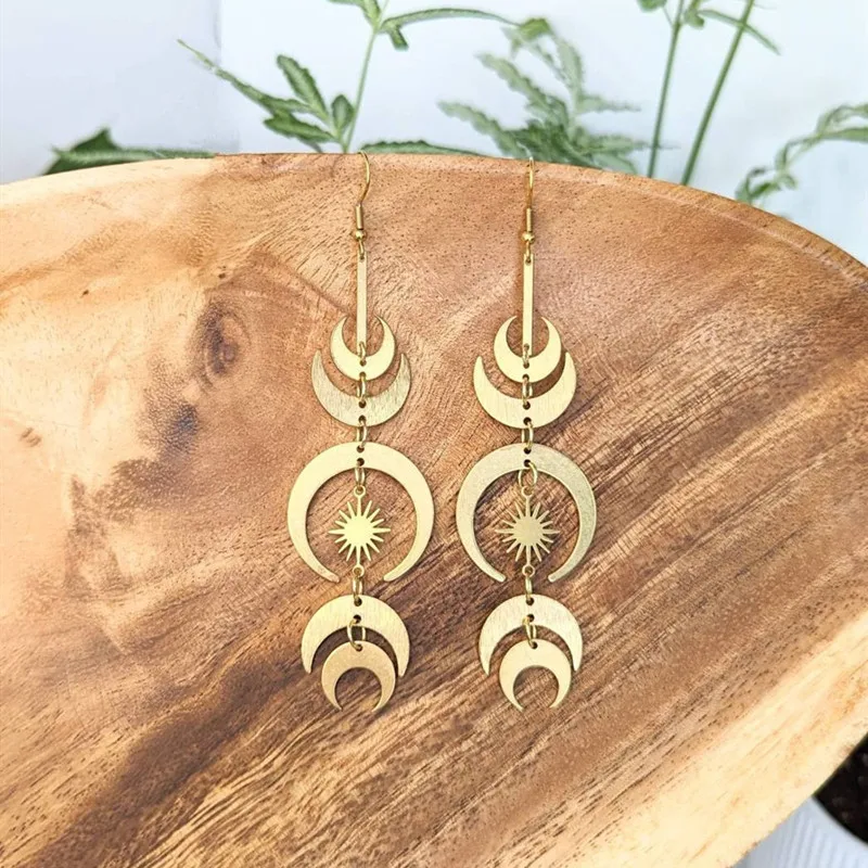 Moon Phase Celestial Earrings, Solar Eclipse Hanging Earrings, Gold-plated, Fashion Witch ...