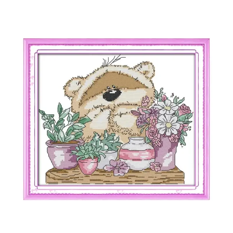 Little-bear-enjoy-the-flowers-cross-stitch-kit-14ct-11ct-count-print ...