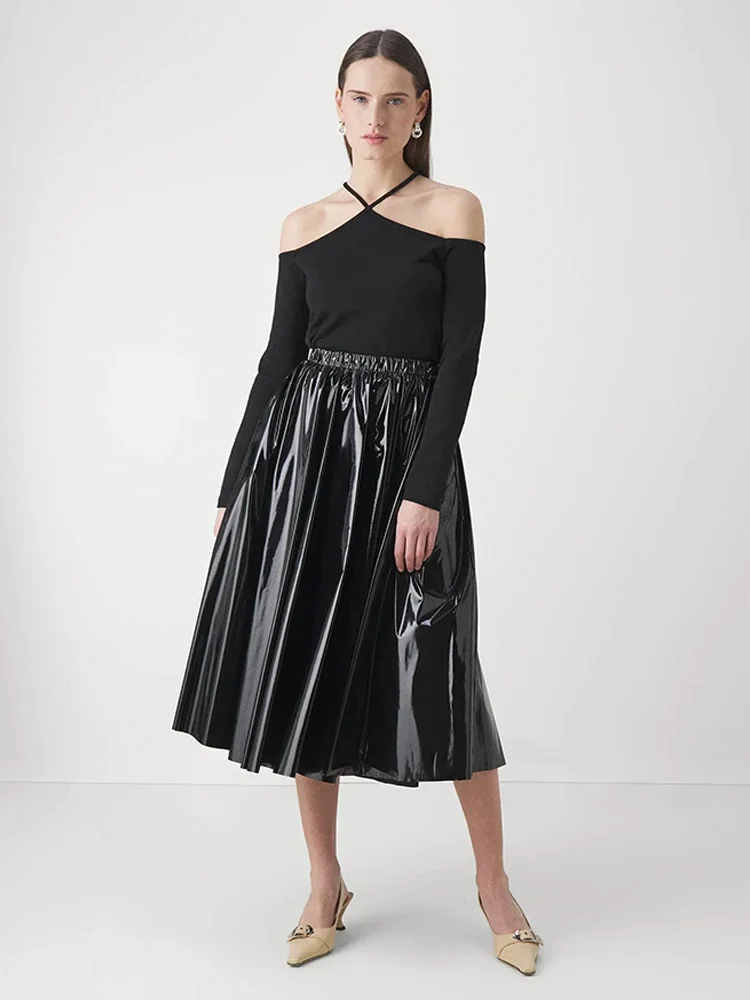 Women-Glossy-Patent-Leather-Pleated-Midi-Skirts-Gothic-High-Waist-PVC ...