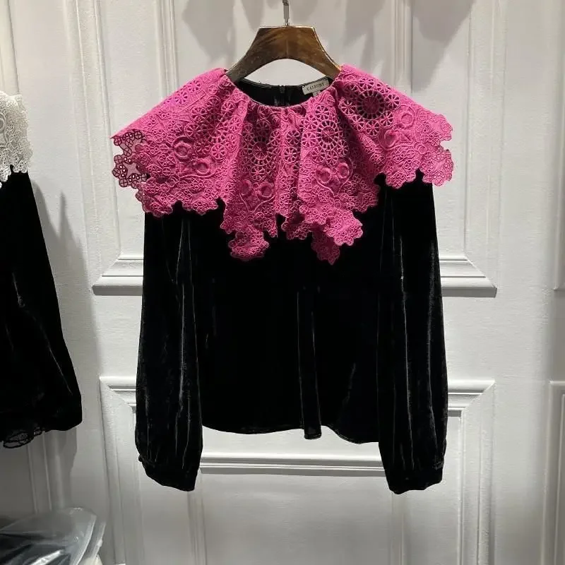 Blusas-de-patchwork-de-renda-oco-vintage-Peter-Pan-Collar-camisas ...