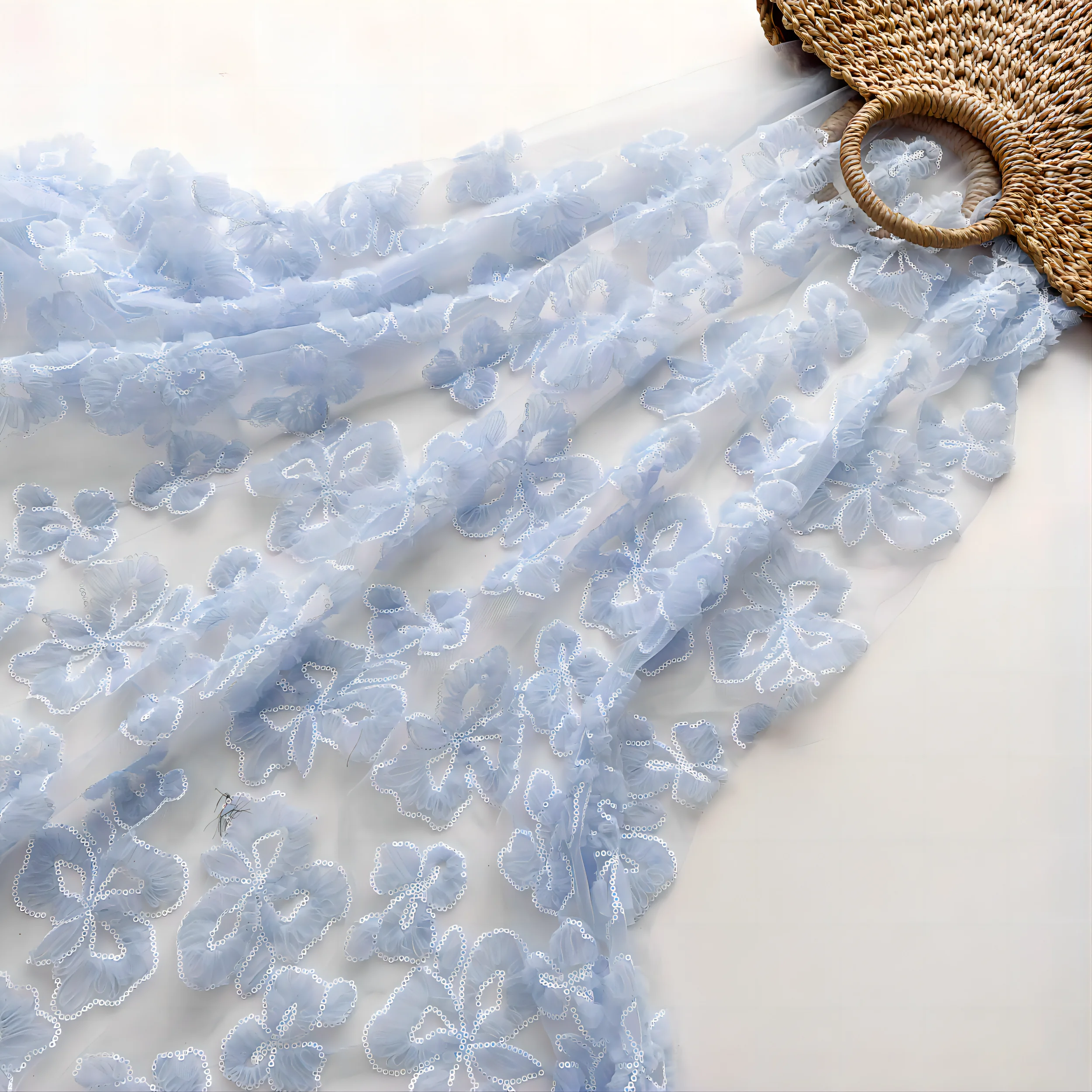 High-grade Blue Embroidered Pearl Crocheted Lace Fabric Wedding Dress ...