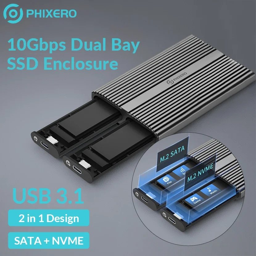 Phixero M.2 Nvme Ssd Enclosure M2 Sata External Hard Drive Disk Case ...