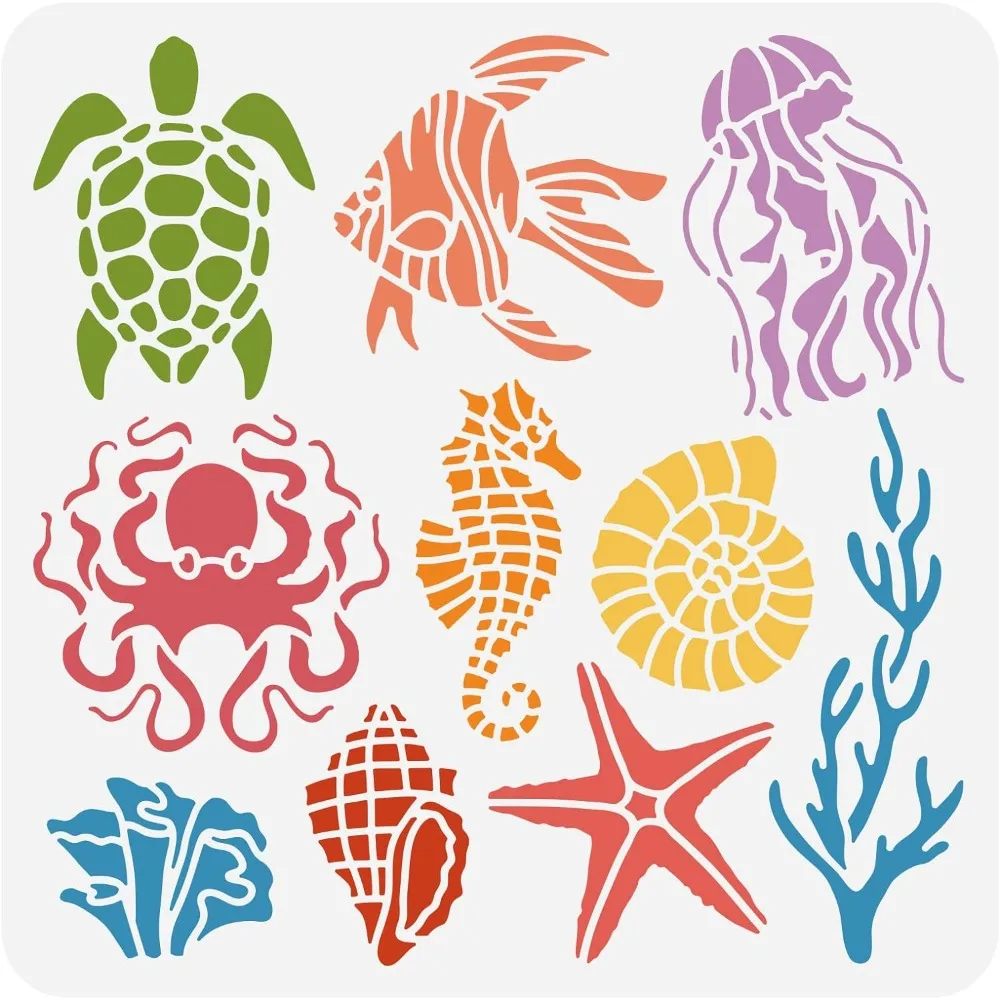 Sea Creatures Painting Stencil Turtle Octopus Jellyfish Conch Coral ...