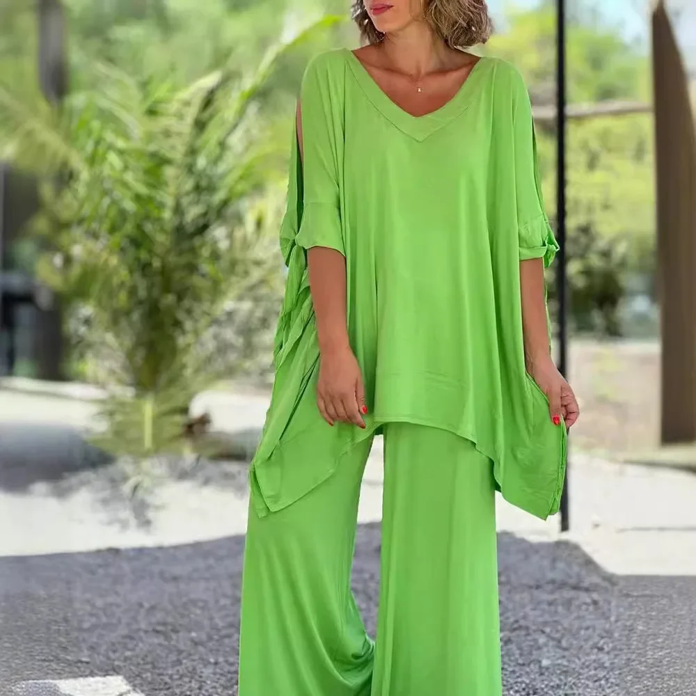 Spring-Summer-Fashion-Solid-Color-Two-piece-Set-Women-Sexy-V-neck ...