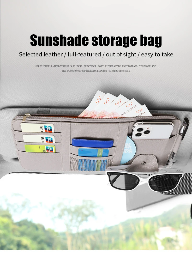 Leather-Car-Sun-Visor-Bag-Multi-function-Sunglass-Card-Storage-Bag-Clip ...
