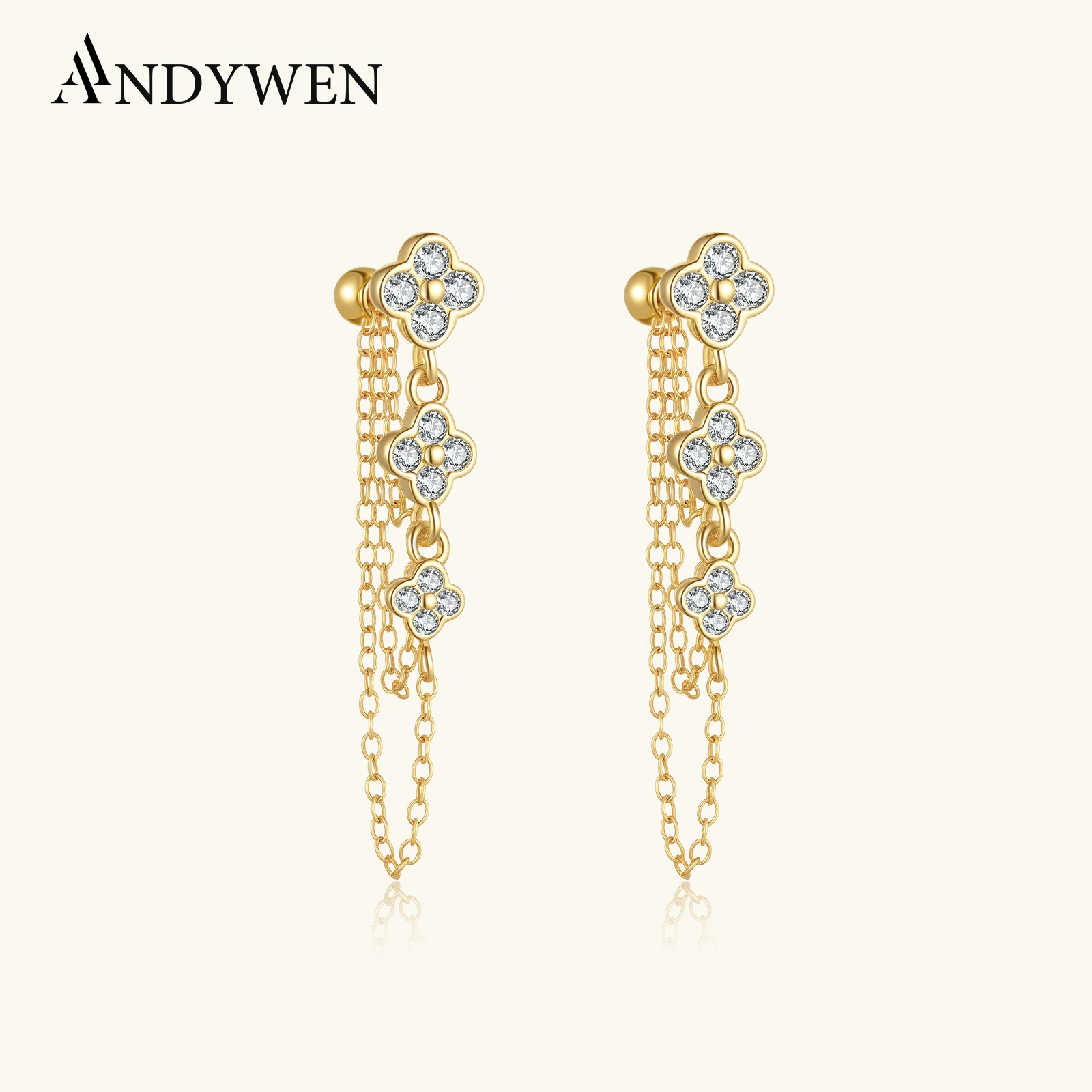 ANDYWEN 925 Sterling Silver Four-Leaf Drop Earrings with Zircon CZ 2025 ...