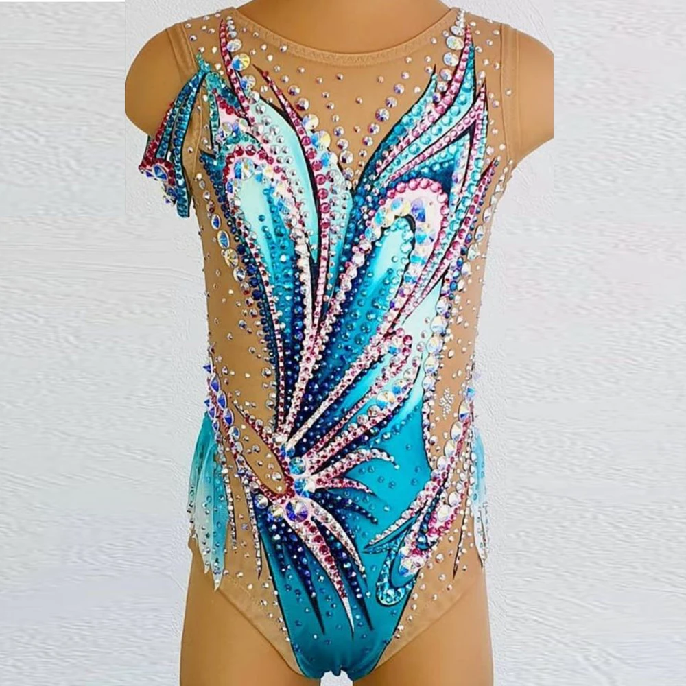 Rhythmic Gymnastics Leotards Blue Butterfly Print Diamond Sleeveless ...