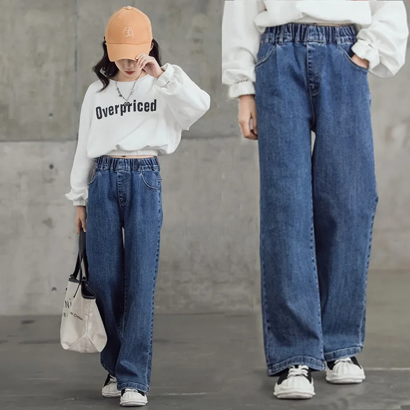Teens-Girls-Jeans-2024-New-School-Kids-Denim-Trousers-Black-Casual-Wide ...