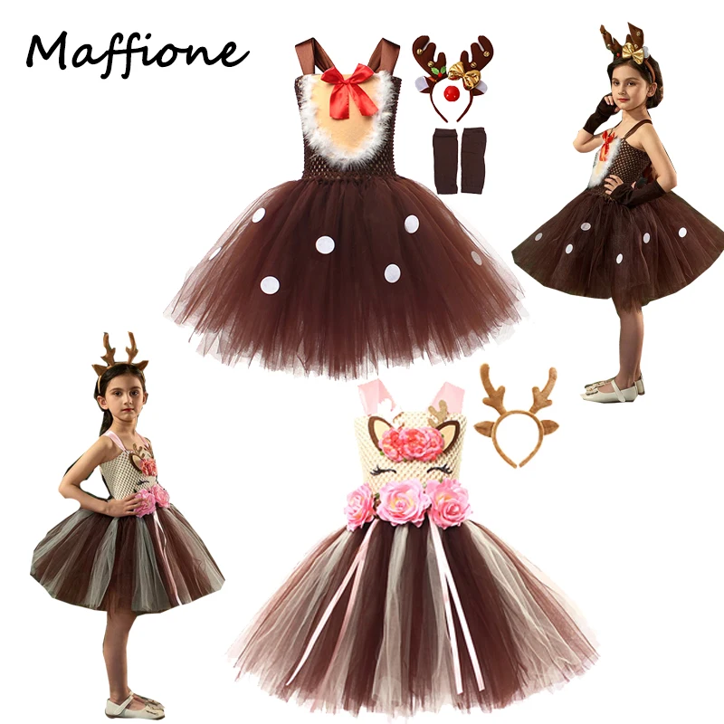 Elk-Reindeer-Cosplay-Kids-Costume-Christmas-Tutu-Dress-Headband-Outfits ...