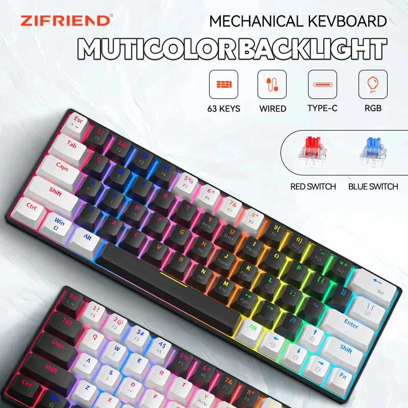 ZIFRIEND ZA646 Mechanical Keyboard 63 Keys Wired Gaming Keyboards ...