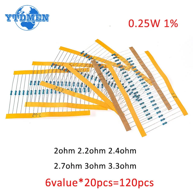 120PCS-0-25W-Metal-Film-Resistor-Kit-1-4W-1-Resistance-2ohm-2-2ohm-2 ...