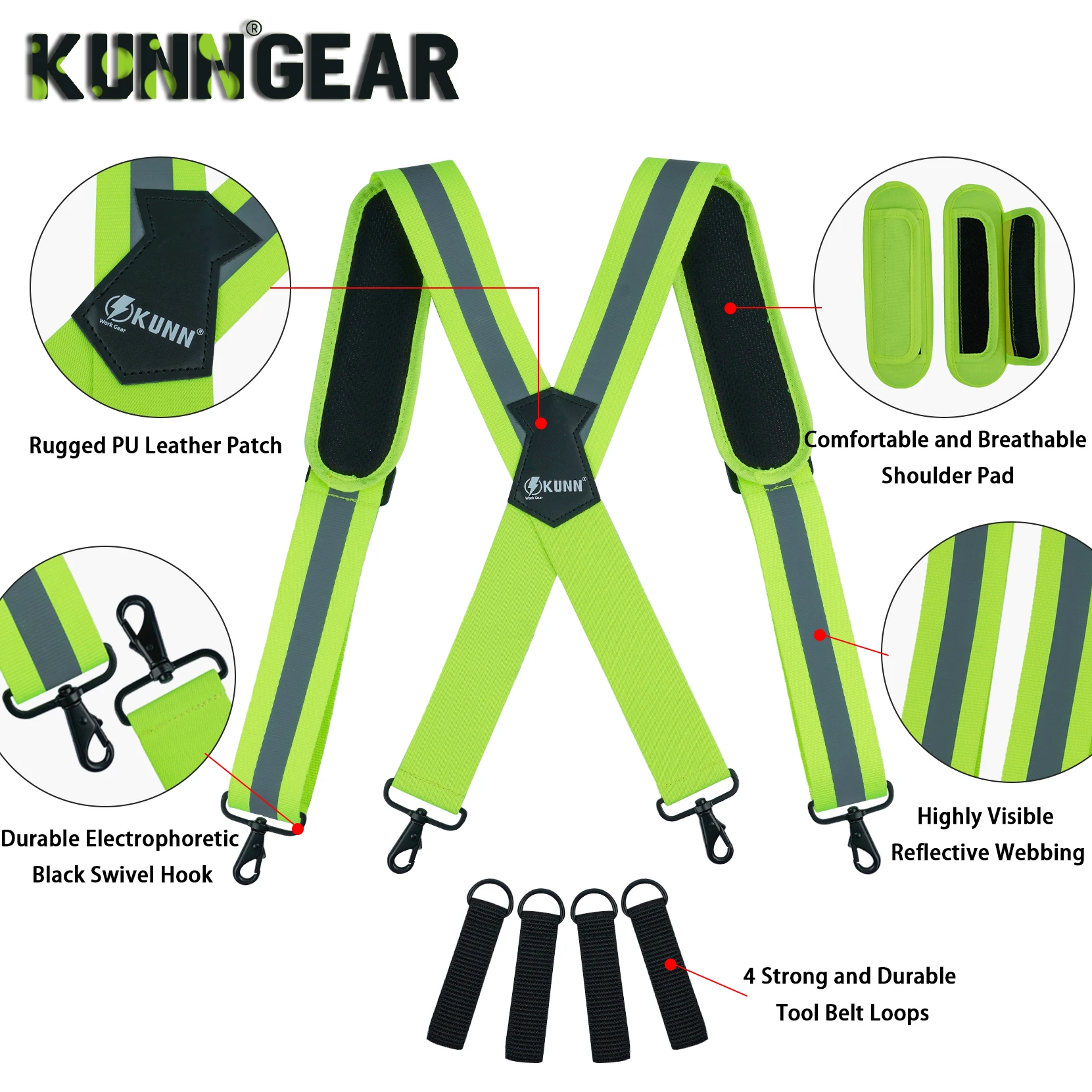 KUNN Hi-Vis Tool Belt Suspenders Heavy Duty Reflective Safety Work ...
